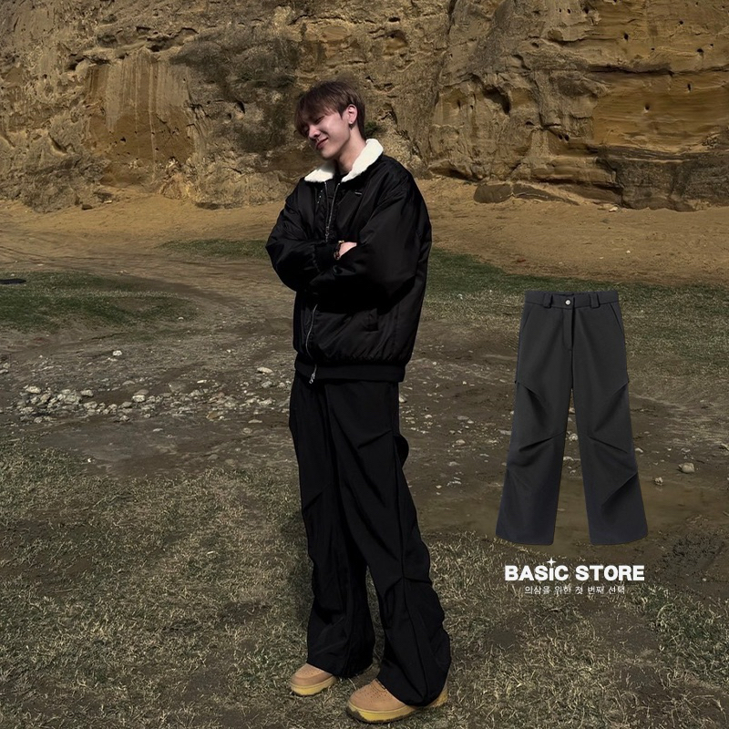 【BASIC】24H出貨｜質感cleanfit落地寬褲 實拍 傘兵褲 設計感 寬褲 網帥同款 韓系 歐巴 西裝褲 | 蝦皮購物