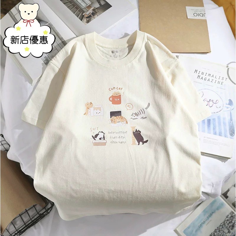 【OHSHI｜台灣24h出貨】纯棉T恤 寬鬆版上衣 印花T恤 短袖T恤 日系上衣 印花上衣 可愛貓咪 百搭上衣 006 | 蝦皮購物