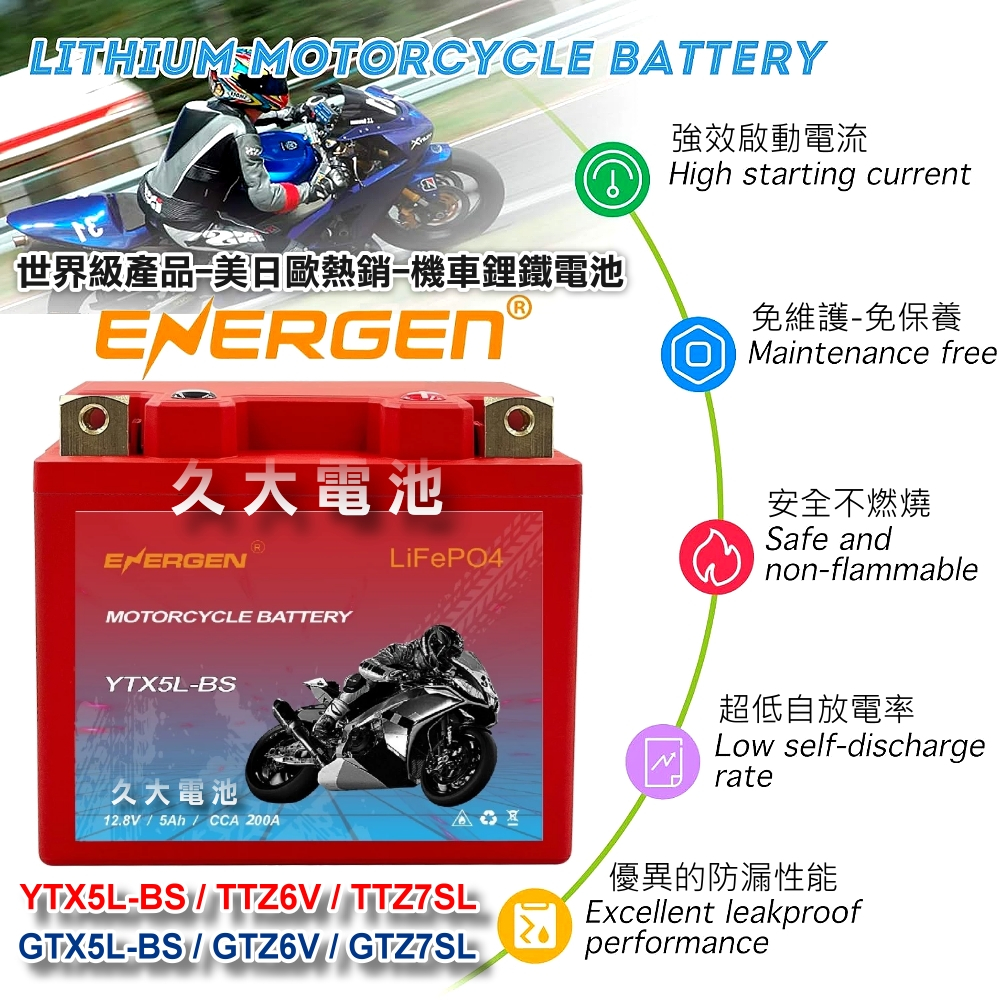 久大電池 ENERGEN 美國熱銷運動型 鋰鐵 機車電池 YTX5L-BS TTZ6V TTZ-7V TTZ7SL | 蝦皮購物