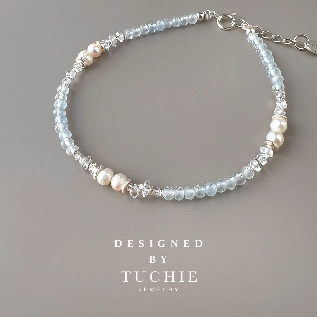 925純銀 海藍寶 珍珠 閃靈鑽/ 提升創造力 穩定思緒 堅定信心 加強自信 / 天然礦石 手鏈 手鍊 TUCHIE輕珠 | 蝦皮購物