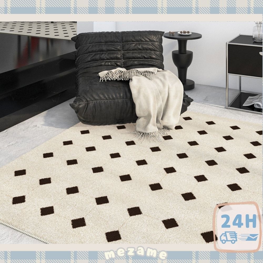 MEZAME | 24h台灣出貨🐾 輕法式地毯 米白黑菱格 侘寂 簡約 歐風 地毯 床邊毯 客廳 臥室 房間 | 蝦皮購物