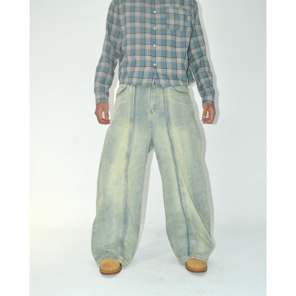 【4e3】男裝 Baggy 淺藍水洗 摺線 解構 闊腿 牛仔褲 | 蝦皮購物