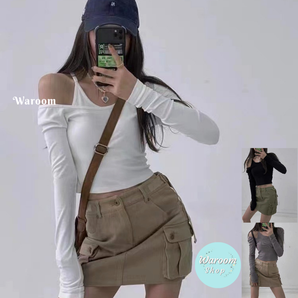 Waroom|高雄出貨 不對稱兩件式短版長袖上衣|女裝|露臍|性感|修身|短款上衣|T恤|假兩件上衣|羅紋上衣 2539 | 蝦皮購物