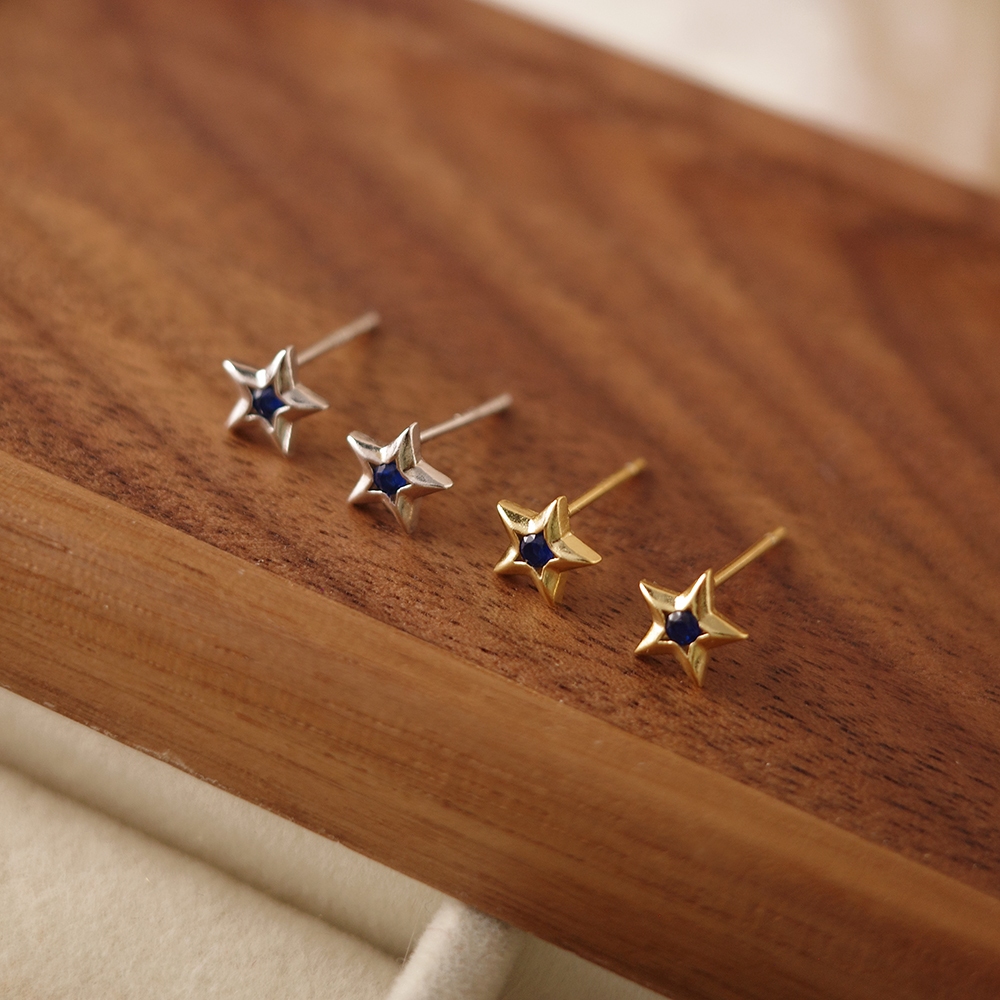 [全純銀.耳環] 藍鑽五角星耳環 (銀色/金色)【UME】整隻純銀耳環耳環/S925純銀 | 蝦皮購物