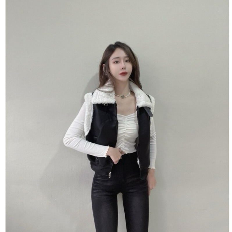 【FASCINO🌕】預購｜甜酷風翻領騎士毛毛拼接皮革背心(2色）#J608 | 蝦皮購物