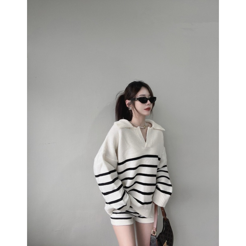 【Y.LLL】｜現貨｜厚磅翻領慵懶休閒針織上衣+短褲set 兩件式套裝 | 蝦皮購物