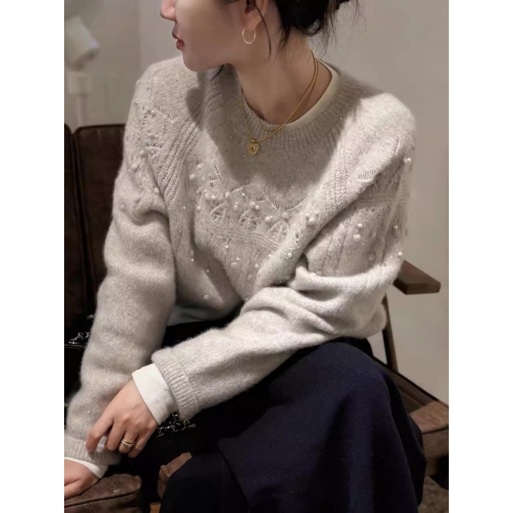 《Agnes 韓單》韓國奢牌 THE CASHMERE海報款 前後兩穿 重工手縫釘珠 溫柔羊毛混紡開衫毛衣 2色 | 蝦皮購物