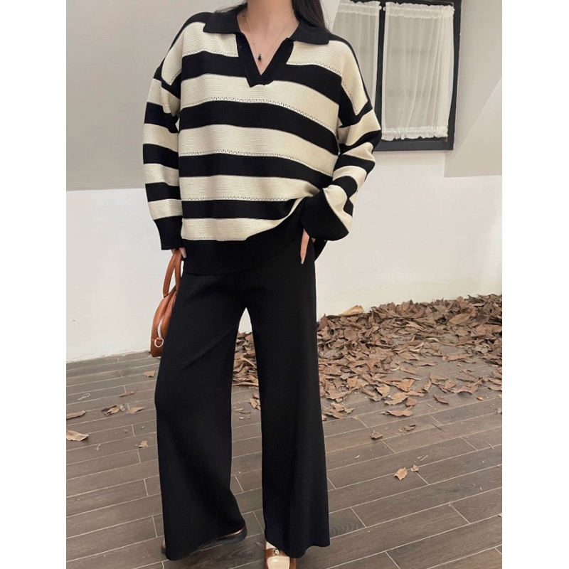 BOSHOW 韓國連線 正韓 Panda款 彈性橫條紋長袖長褲兩件SET | 蝦皮購物