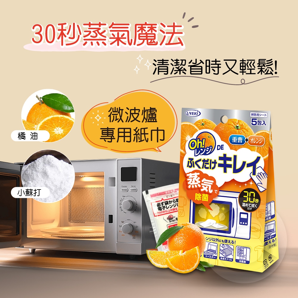 【STU】日本製 UYEKI 微波爐 專用 蒸氣 除菌紙 單組5包入 蘇打和柳橙的雙重功效 頑固污漬 | 蝦皮購物