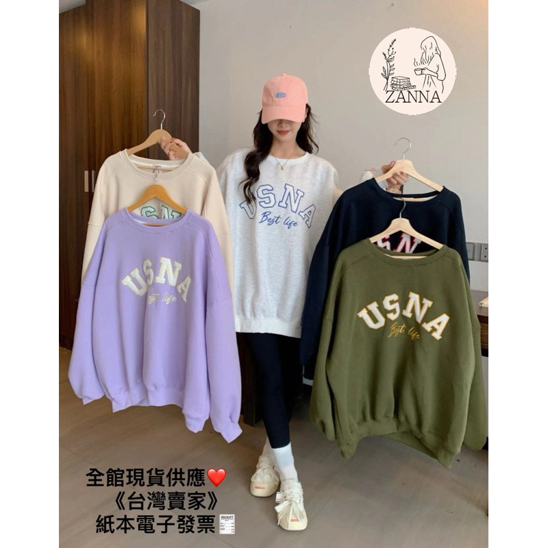 《zanna》5248（r)內刷毛 寬鬆版 韓系貼布繡英文泡袖圓領大學T 長袖 大學T 圓領 女裝 內刷毛 休閒T | 蝦皮購物