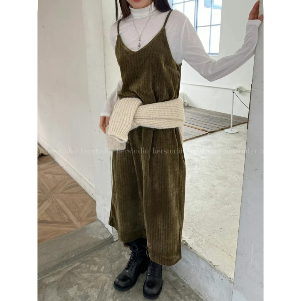 HERStudio韓國代購 細肩豎紋絨布洋裝(2col) | 蝦皮購物