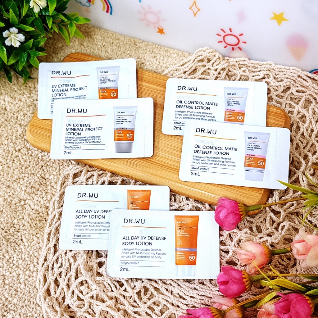 DR.WU 試用包(全日清爽防晒身體極乳、極效舒物理緩防晒乳、柔焦控油清透防晒乳低敏防曬、潤色防曬2ml | 蝦皮購物