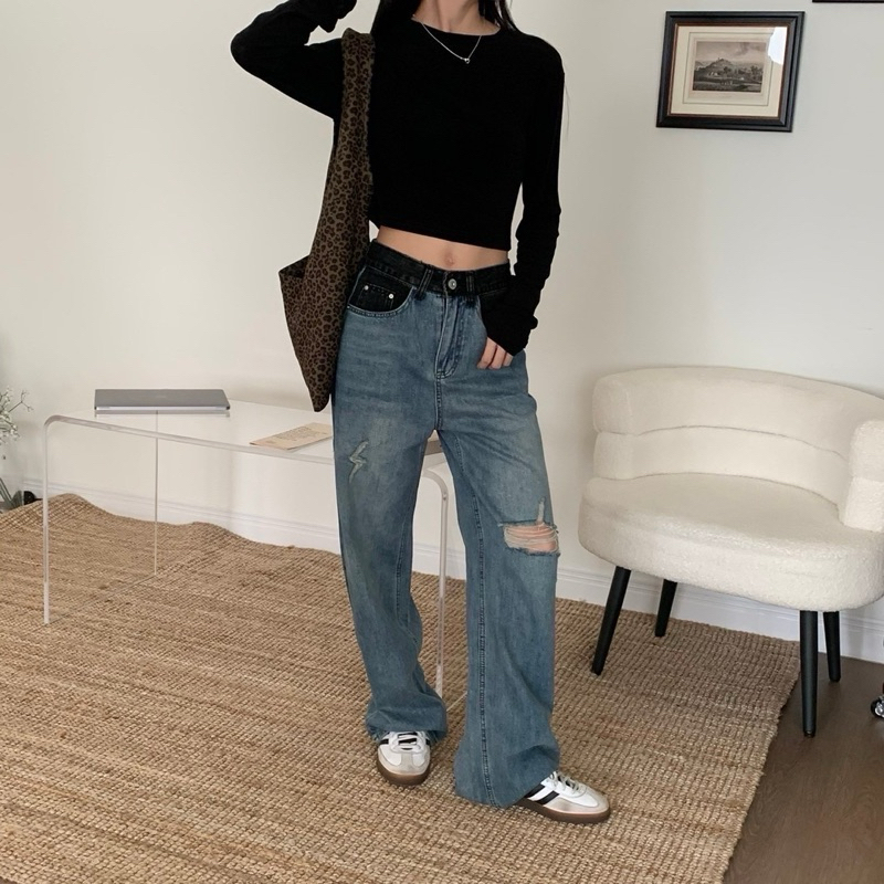 （5228）TAB SPACE _ 很會穿搭GIRL ! 個性黑拼色牛仔直筒褲 | 蝦皮購物