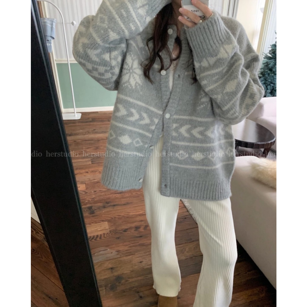 🔥藍現貨 HERStudio韓國代購 寬鬆舒適雪花羊毛開衫(2col) | 蝦皮購物