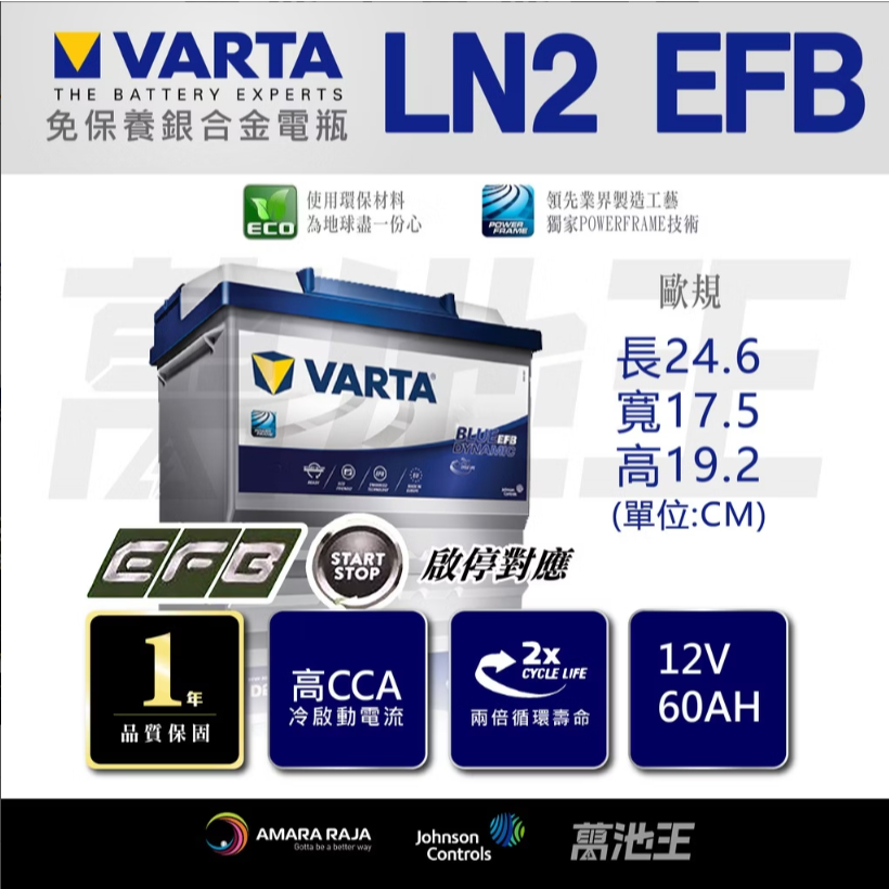【VARTA EFB LN2】韓國歐規 EFB款型 (60Ah) 起停車款可適用銀合金 全球獨立 新極板技術 | 蝦皮購物