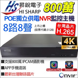 HS-PK8311 昇銳 8路 800萬 POE 供電 NVR 監控主機 H.265 4K 手機遠端 8MP 監視器 | 蝦皮購物
