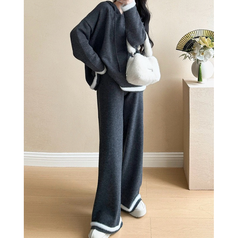 BOSHOW 韓國連線 正韓 Panda款 毛毛白邊連帽長褲兩件SET套裝 | 蝦皮購物