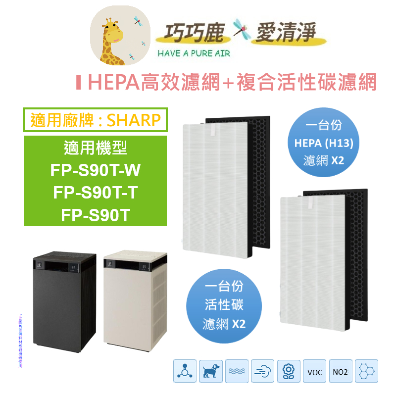 適用 Sharp 夏普 FP-S90T-W FP-S90T-T FP-S90 純淨美學 空氣清淨機 HEPA+活性碳濾網 | 蝦皮購物