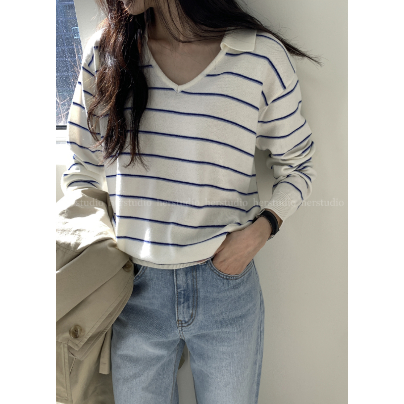 HERStudio韓國代購 小翻領V字薄料針織衫(2col) | 蝦皮購物