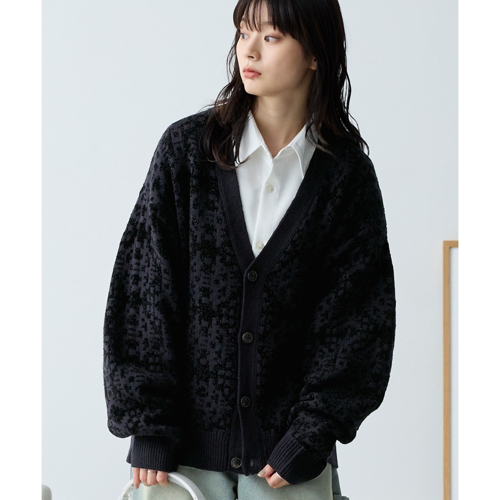 （最後現貨）MSJP｜日本 • Mono-Mart • 提花多圖案寬鬆針織開襟衫 黑灰L ღ | 蝦皮購物