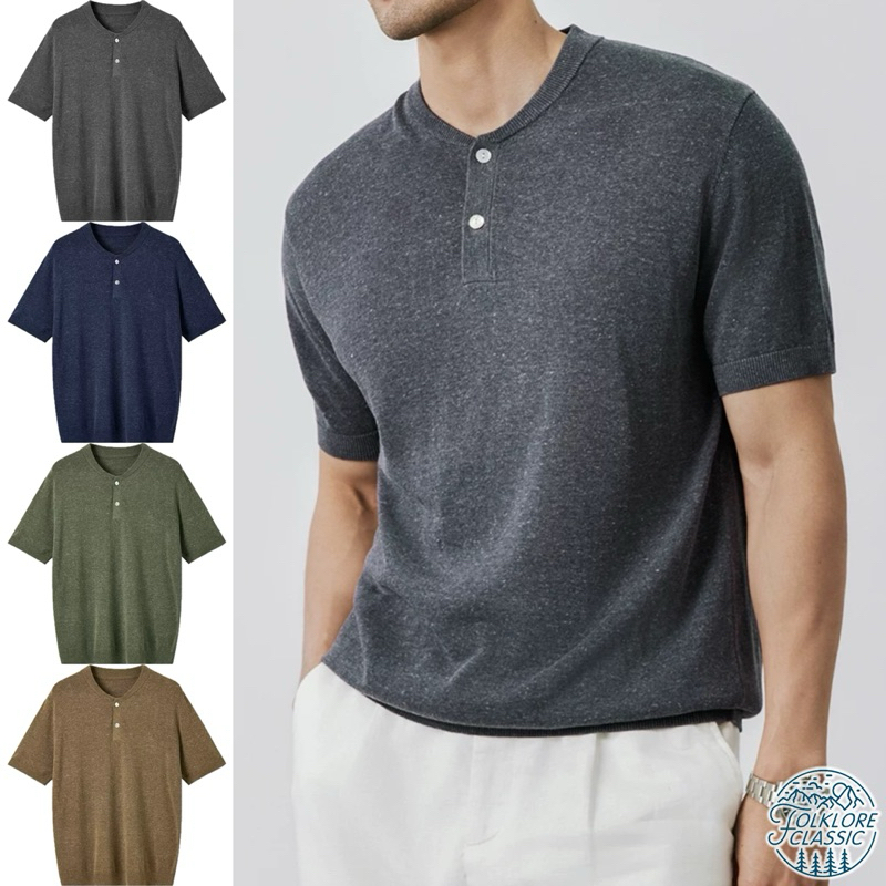 Folklore Classic 四色 60s復古春夏重磅簡約涼感天絲亞麻混紡短袖羅紋針織亨利領T恤 亨利領 | 蝦皮購物