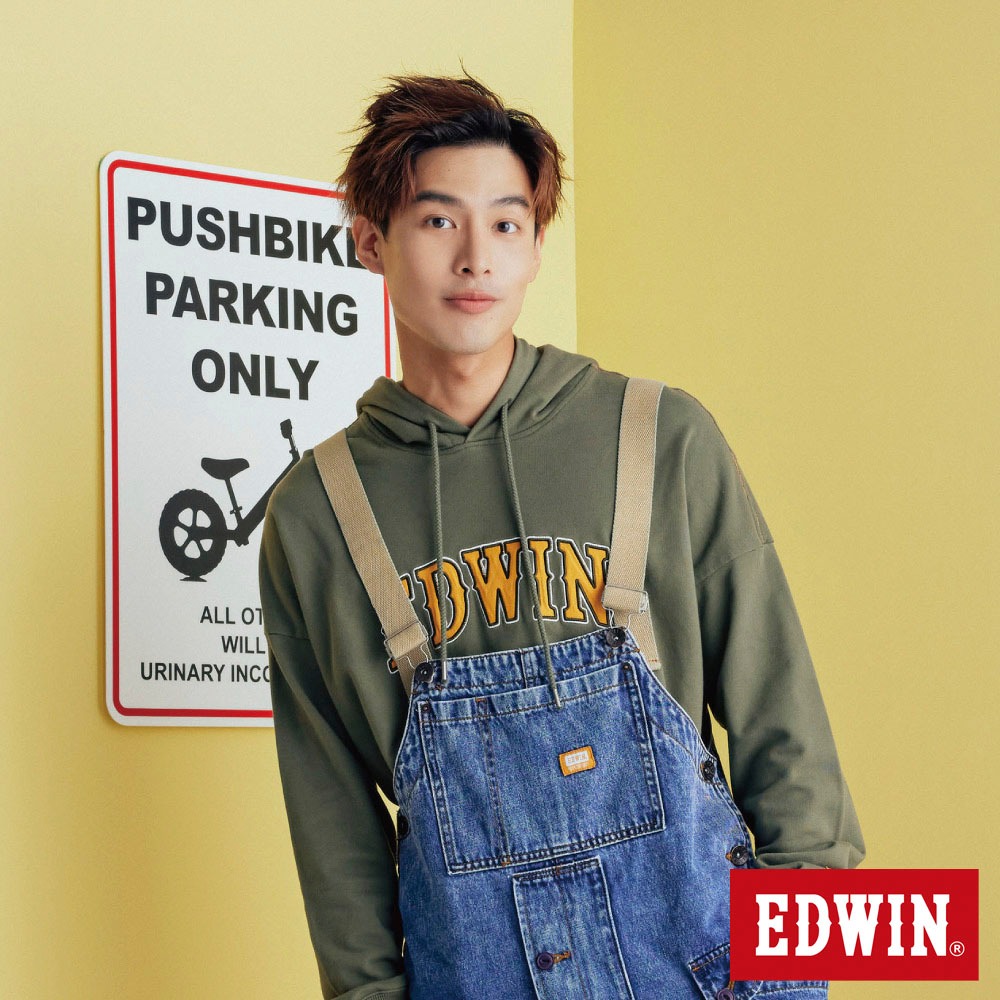 EDWIN 男款 橘標 寬版貼布大LOGO連帽長袖T恤(灰綠色) | 蝦皮購物
