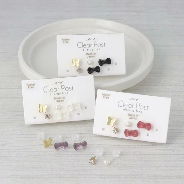 ｜OSEWAYA｜蝴蝶結珍珠耳環 - 5入 白色 粉色 紫色 黑色 珍珠 蝴蝶 矽膠耳針 日本飾品 日本製造 | 蝦皮購物