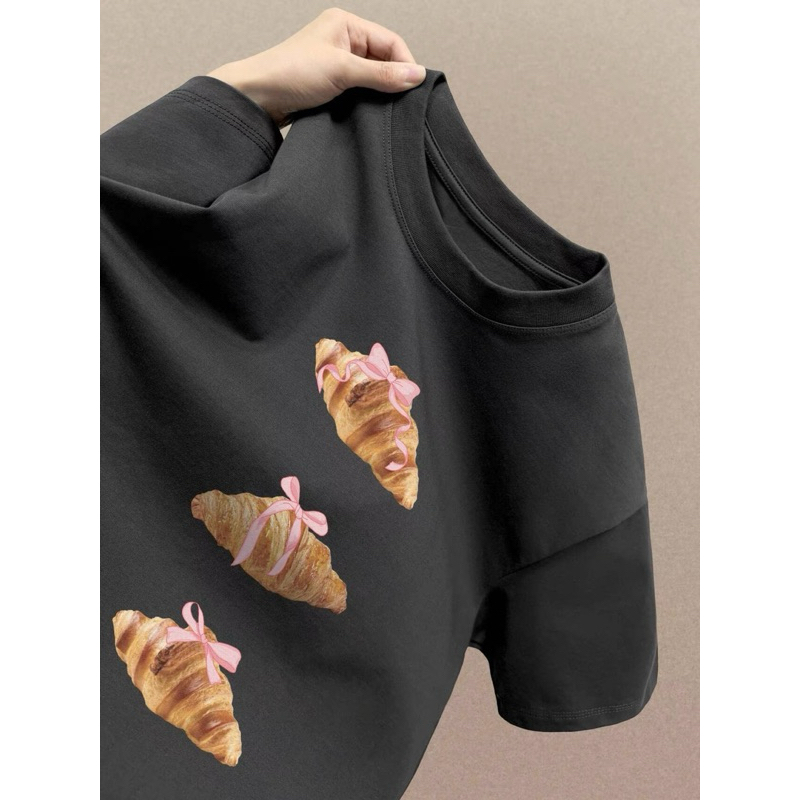 Muun Studio 純棉！深灰色蝴蝶結可頌超可愛T夏季 | 蝦皮購物