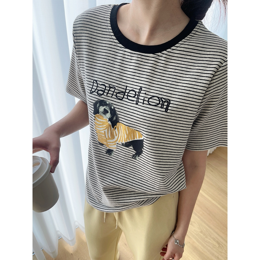 Jomi日韓 春夏韓系可愛刺繡狗狗條紋寬鬆正肩短袖T恤*2色現貨【MA03-LN3928】 | 蝦皮購物