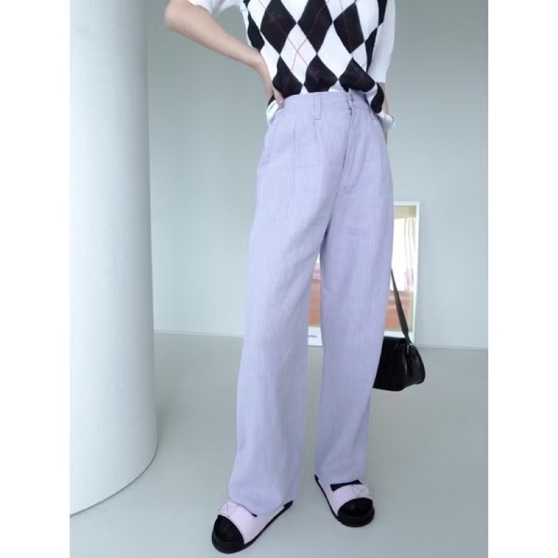 oiiv 韓製 神秘紫棉麻長褲 淡紫 Korea made | 蝦皮購物