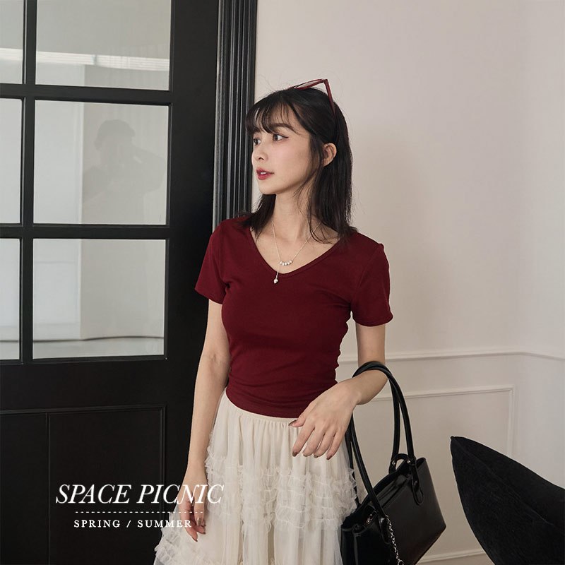 Space Picnic｜柔彈V領短袖Tee-5色【2503222】 | 蝦皮購物