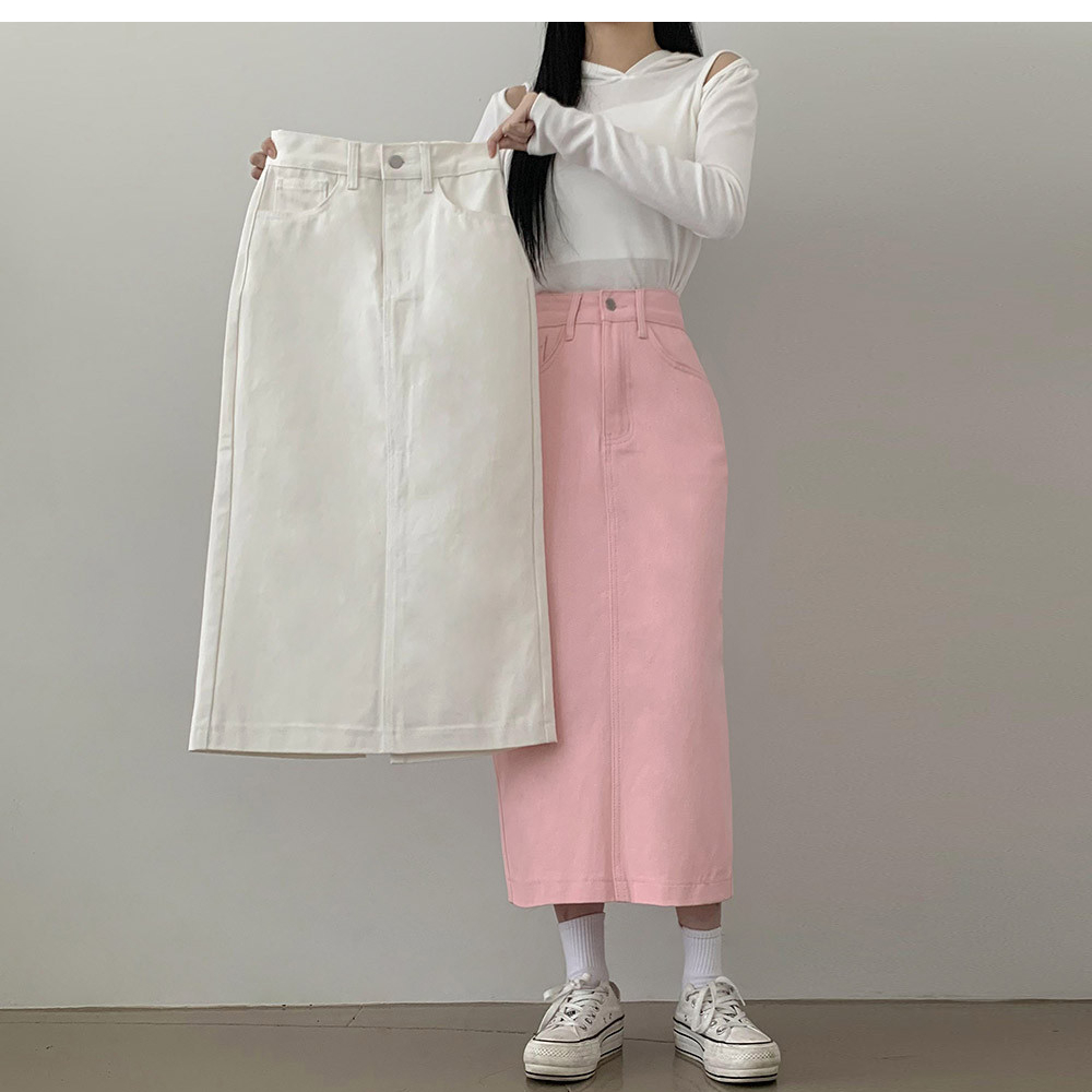 Codibook｜韓國 thepink 綴色排釦高腰A字牛仔長裙[現貨 - 粉紅色(長)M]裙子 牛仔裙 女裝 | 蝦皮購物