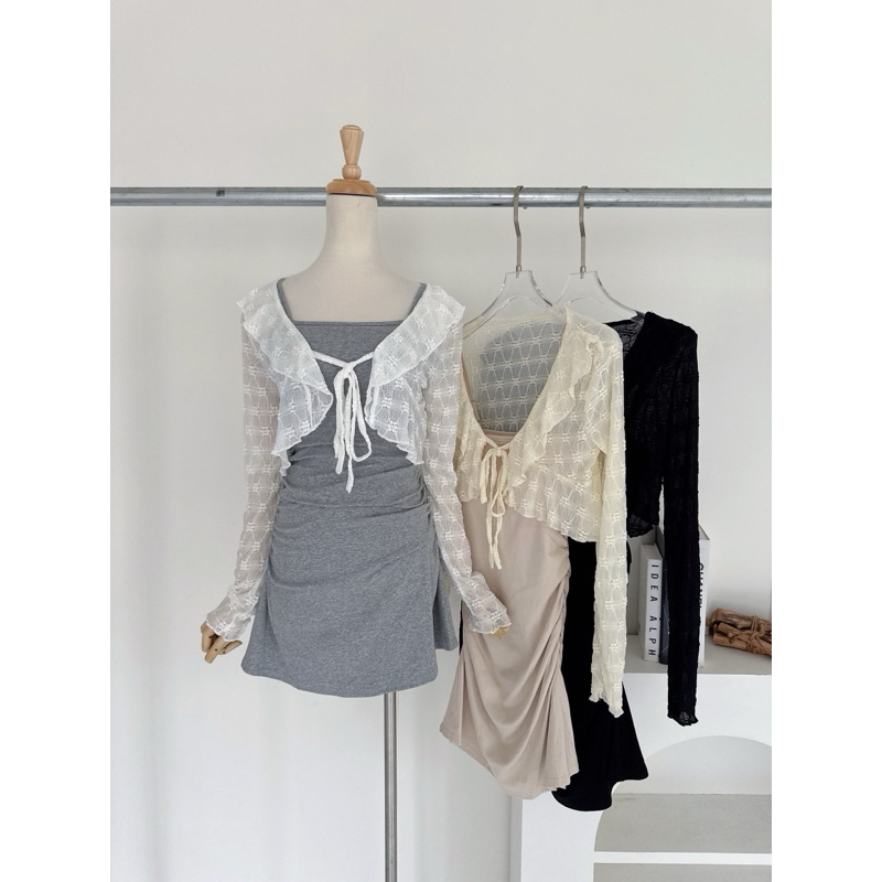 【Y.LLL】｜現貨｜荷葉邊網紗罩衫＋抓皺可調吊帶短洋裝set 兩件式套裝 | 蝦皮購物