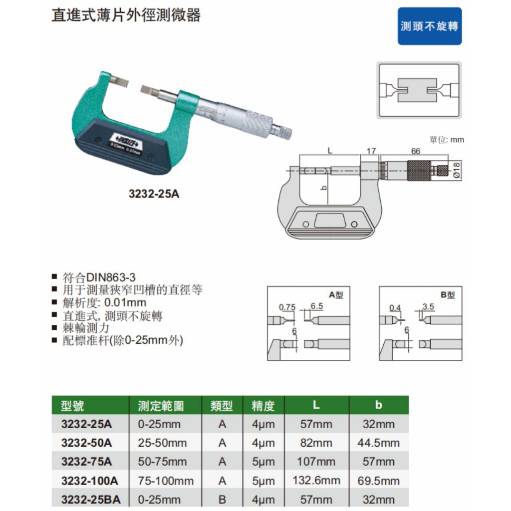 INSIZE 直進式薄片外徑測微器 直進式薄片外徑分厘卡 3232-25A/50A/75A/100A/25BA | 蝦皮購物