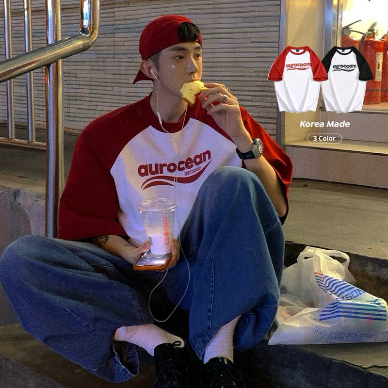 [HYC] Aurocean 插肩短袖 T恤 320克 重磅 全棉 美式 復古 紅白拼接 寬鬆 五分袖 | 蝦皮購物