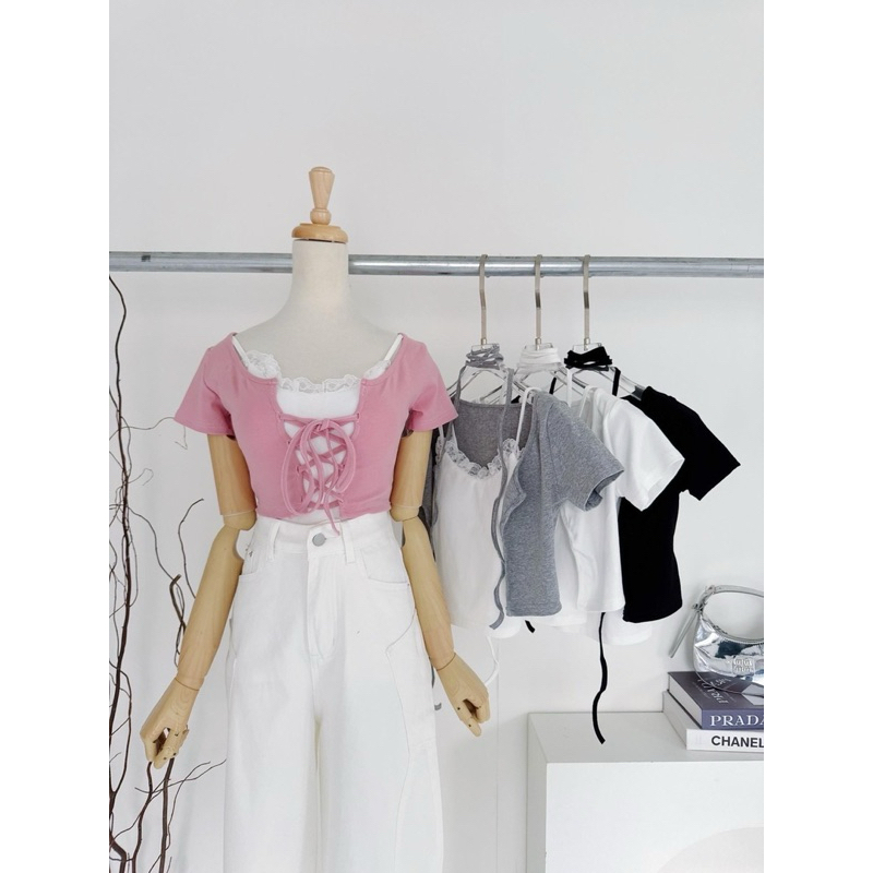 【Y.LLL】｜預購｜純慾蕾絲罩杯背心+綁繩上衣set 兩件式上衣 | 蝦皮購物