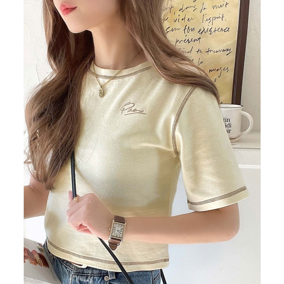 DoReFe | 特價回饋款 日本代購 Classical Elf 短版 刺繡拼色T恤 PAEAN刺繡 拼接撞色線條設計 | 蝦皮購物