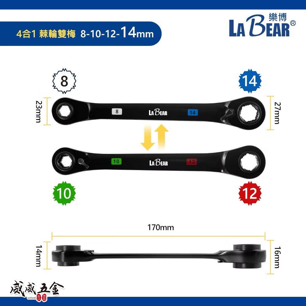 LaBear 樂博｜8-10-12-14mm｜4合1 棘輪扳手 4in1 雙向雙梅扳手｜120齒｜棘輪梅花扳手｜台灣製 | 蝦皮購物