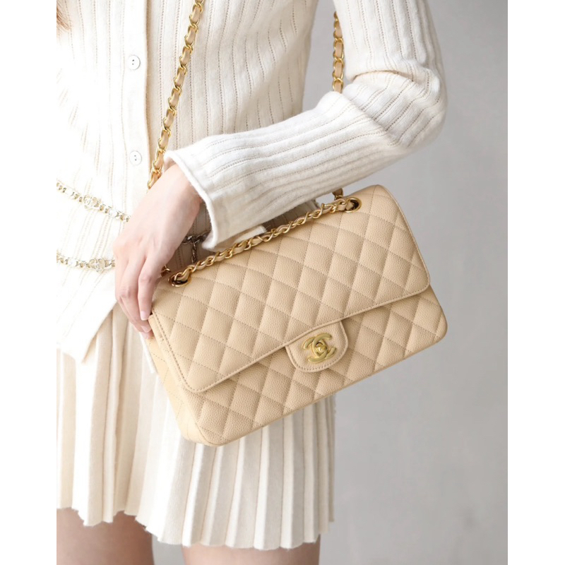 【未使用 專櫃近37萬 不用比價我們最便宜🔥】Chanel A01112 CF25米色/養樂多色 荔枝皮金釦 保卡31開 | 蝦皮購物