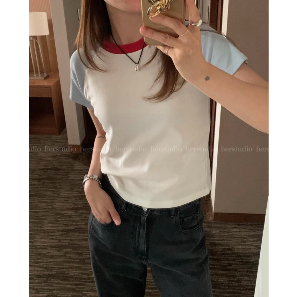 HERStudio韓國代購 拼色插肩短袖T(3col) | 蝦皮購物