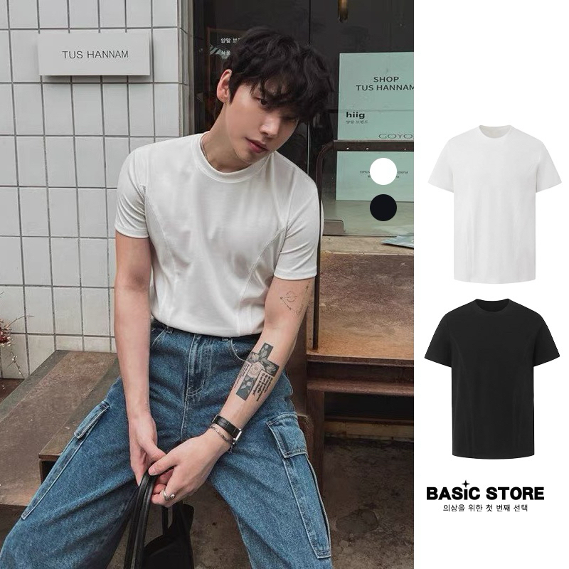 【BASIC】24H出貨 | 韓系 緊身短袖 Clean Fit 拉線 高彈力 健身 修飾身形 顯身材 短袖 男生必備 | 蝦皮購物