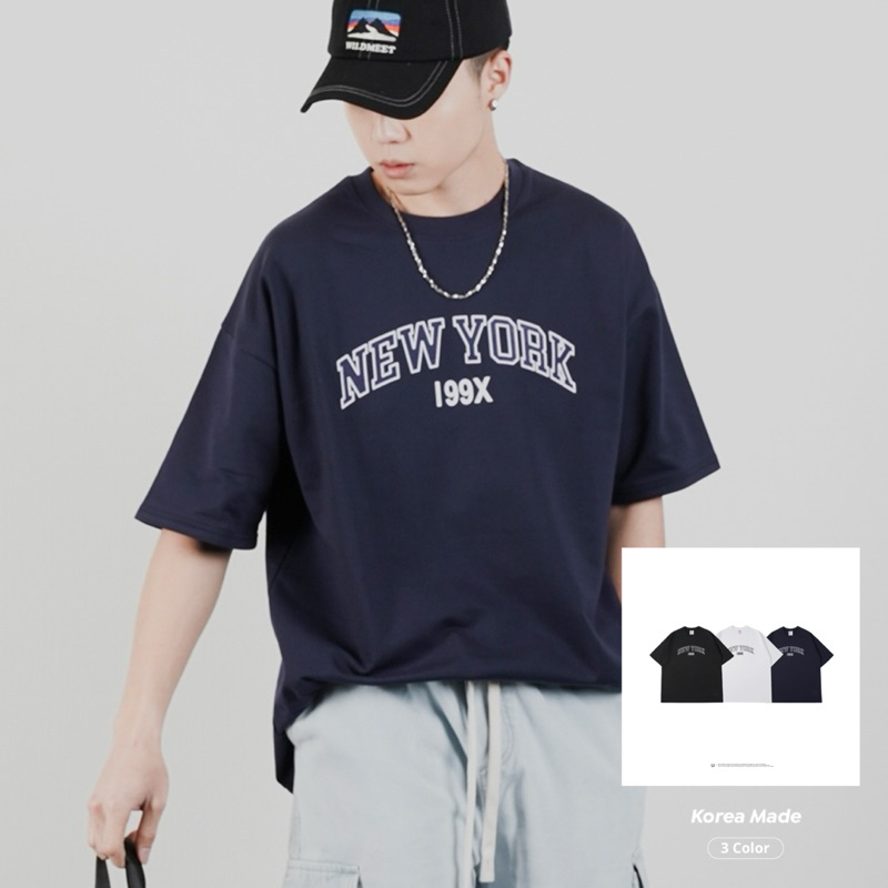 [HYC] 韓國 NEW YORK 199X 印刷短T 細絨棉 LOGO短T 情侶裝 落肩 五分袖 寬鬆 T恤 短袖 | 蝦皮購物