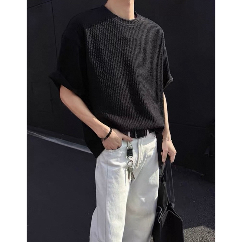 【BASIC】24H出貨｜韓系Clean fit肌理感短T 小眾 百搭 高級感 特殊材質 短袖 寬鬆 落肩 | 蝦皮購物