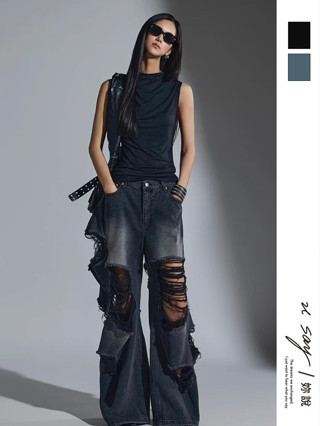 ～YOU SAY～ 韓國東大門 🇰🇷 Project wave夏季款做舊破洞顯瘦牛仔褲 設計感女裝 2025夏季女裝 | 蝦皮購物