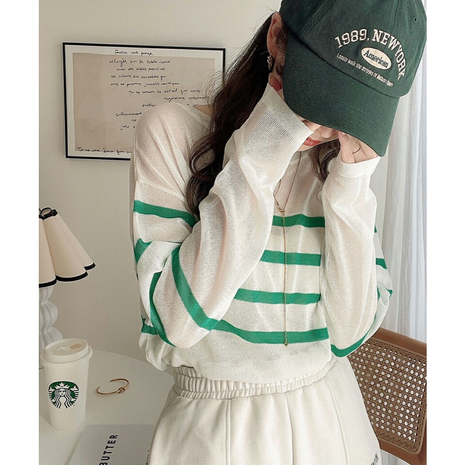 DoReFe | 日本代購 春裝新色上市 JAVA 活潑跳躍 撞色條紋 配色 落肩 透膚 薄針織 長袖 上衣 罩衫 長T | 蝦皮購物