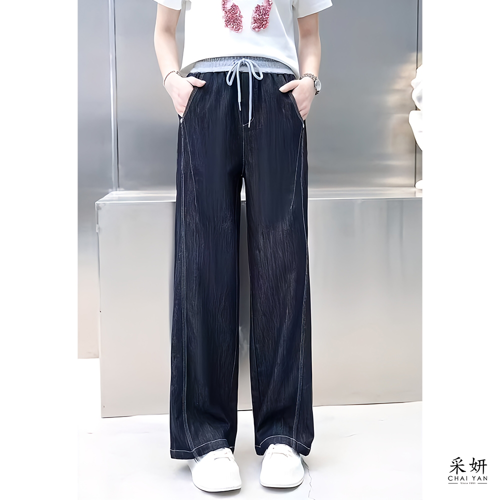 【采妍CHAI YAN】 春夏新品 中大尺碼 現貨可出 跳色縫線腰頭抽繩直筒休閒薄牛仔褲 | 蝦皮購物