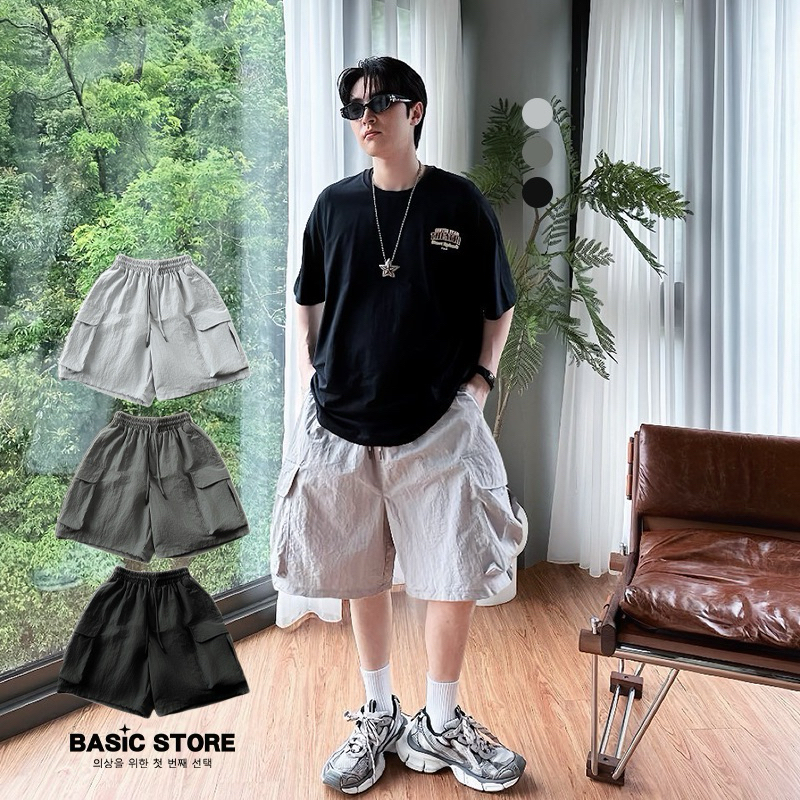 【BASIC】24H出貨 | 韓系尼龍口袋短褲 休閒 尼龍 防風防水 大口袋 機能 短褲 | 蝦皮購物