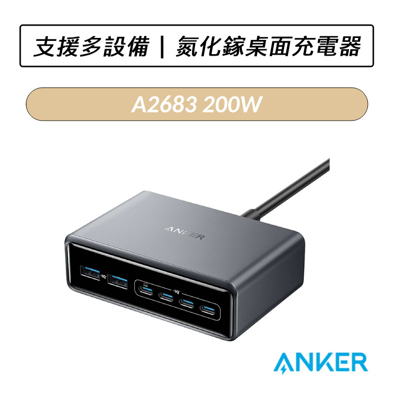 [公司貨] ANKER A2683 200W GaN 6孔桌面充電器 USB-C/USB-A | 蝦皮購物