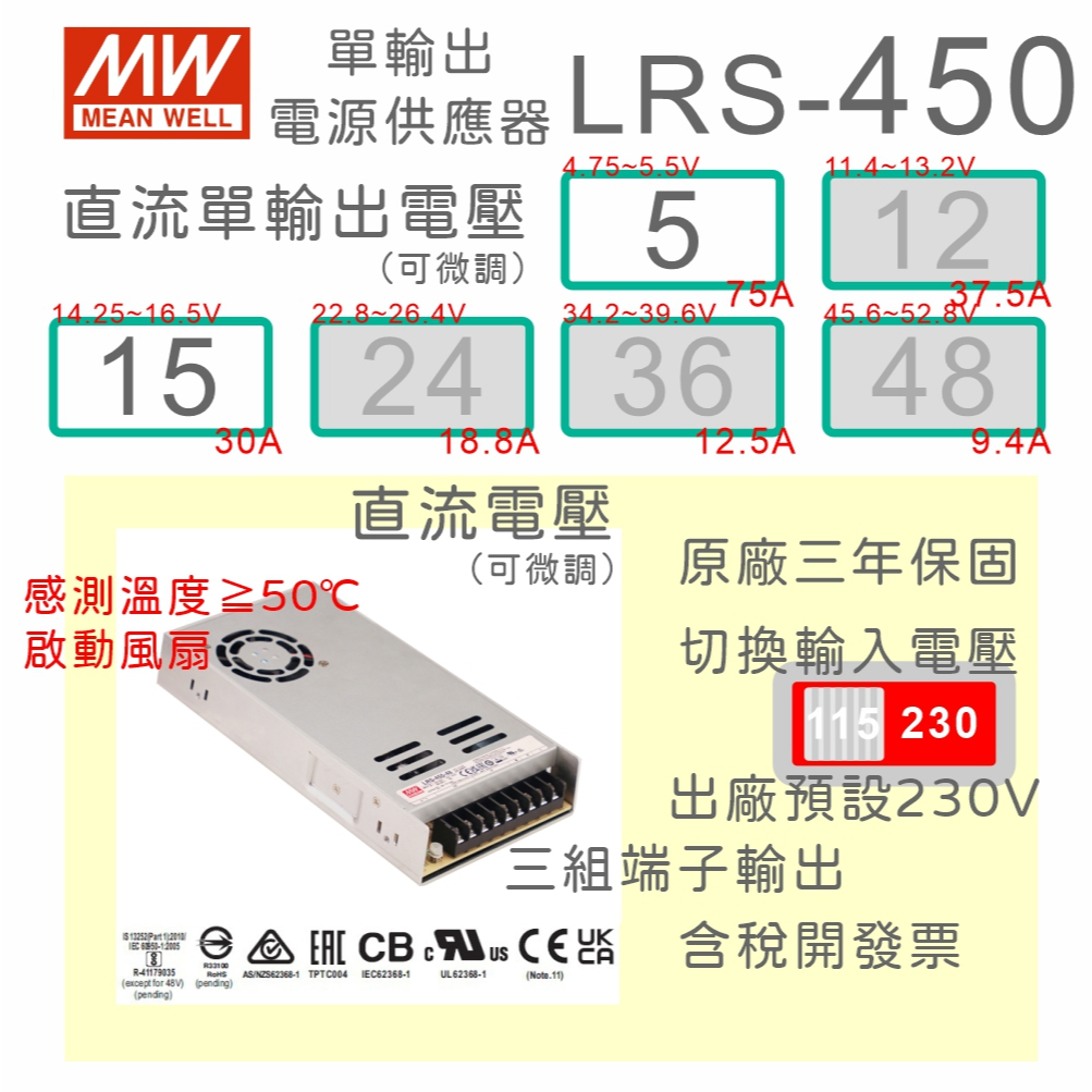 【保固附發票 】MW 明緯 450W LRS-450-5 5V 字幕機 15 15V 監視器 LED燈條 驅動器 電源 | 蝦皮購物