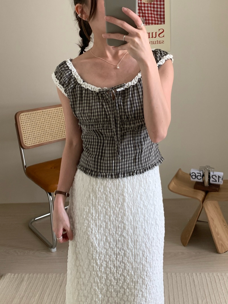 Mooyi-（自留！）蕾絲花邊格紋背心上衣(3colors) | 蝦皮購物